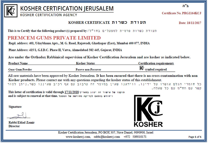 Certifications | Premcem Gums - ISO 9001, FSSC 22000, HACCP, Kosher, Halal